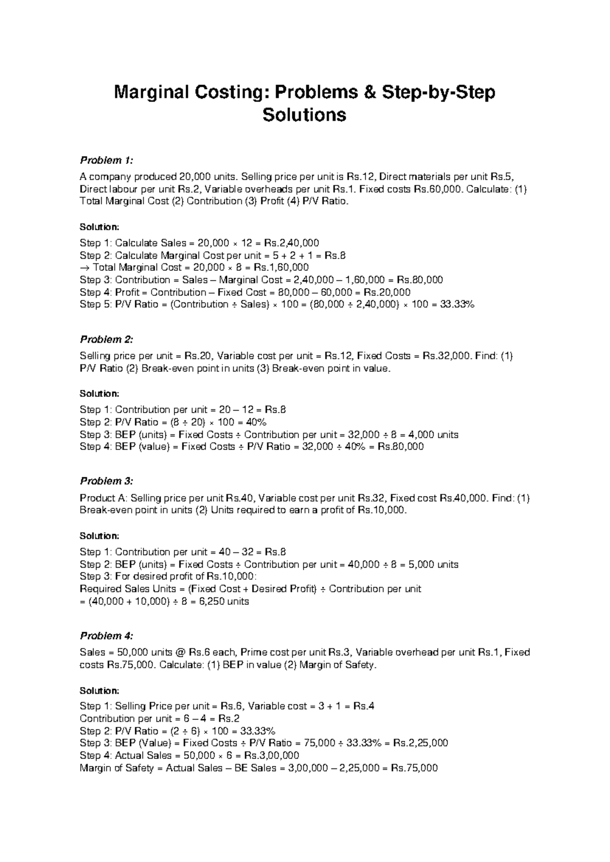 Marginal Costing Problems & Solutions (Course Code: MC101) - Studocu