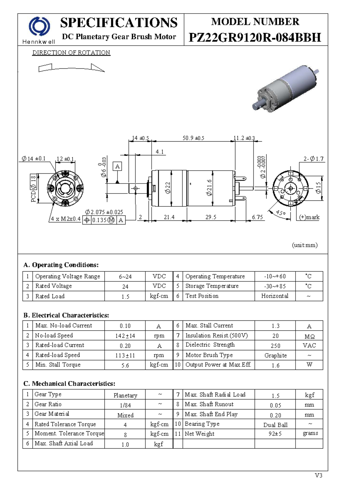 Specifications for DC Planetary Gear Brush Motor - Hennkwell - Studocu
