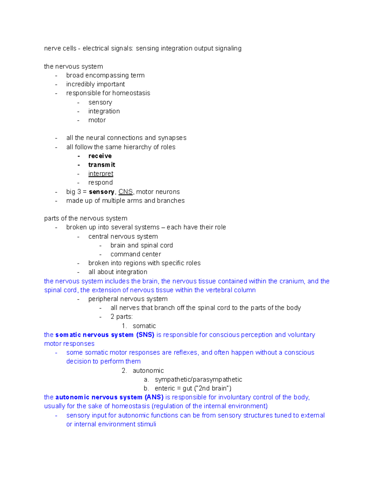 Nervous System Functions: Sensation, Integration & Response Notes (BIO ...