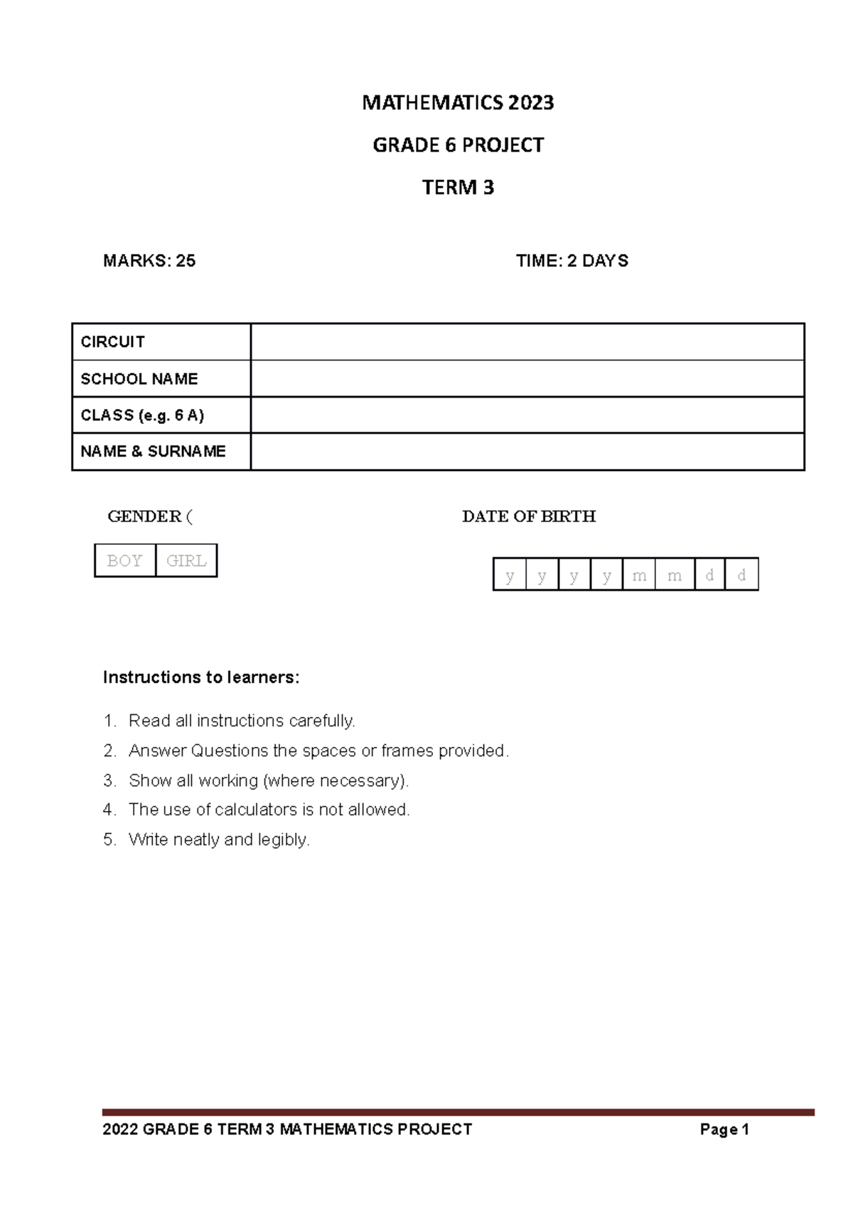 Grade 6 Mathematics Project Instructions - Term 3 2023 - Studocu