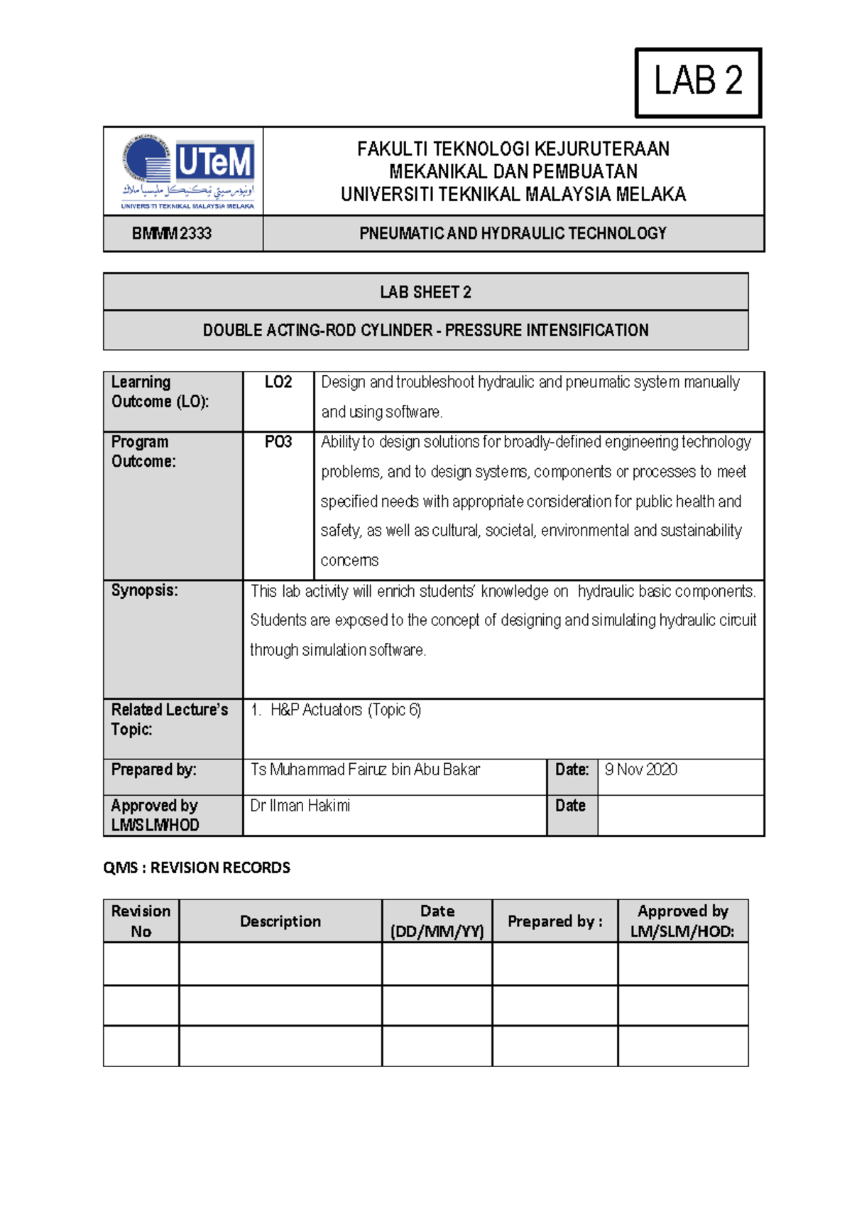 Lab Sheet 2 Bmmm 2333 Double Acting Cylinder Report Studocu