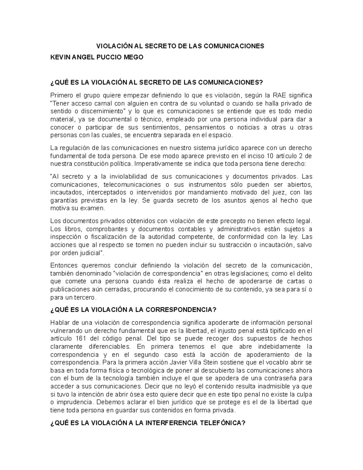 Violación AL Secreto DE LAS Comunicaciones - AL SECRETO DE LAS COMUNICACIONES KEVIN ANGEL PUCCIO ...