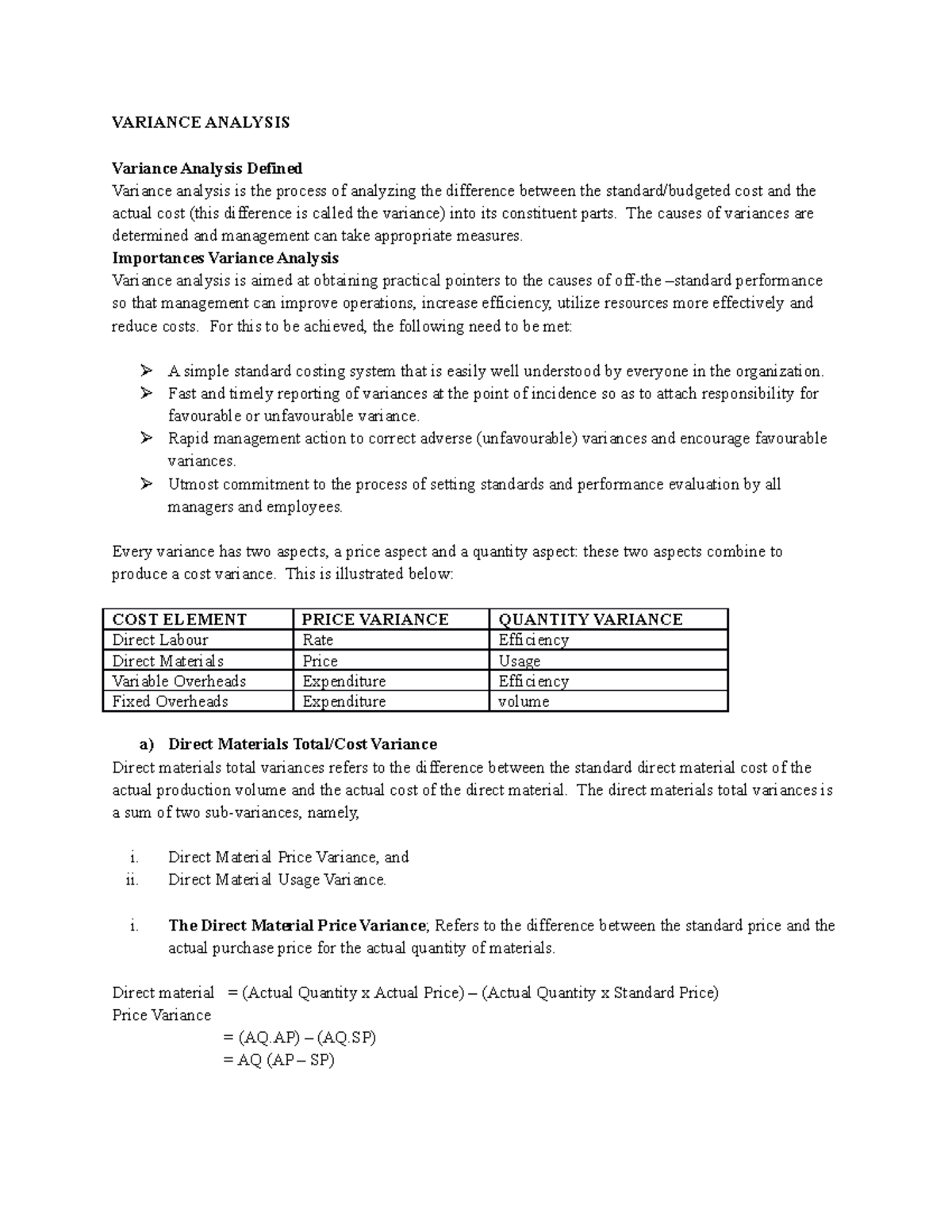 Variance Analysis - Accounting Notes (ACCT101) - Studocu