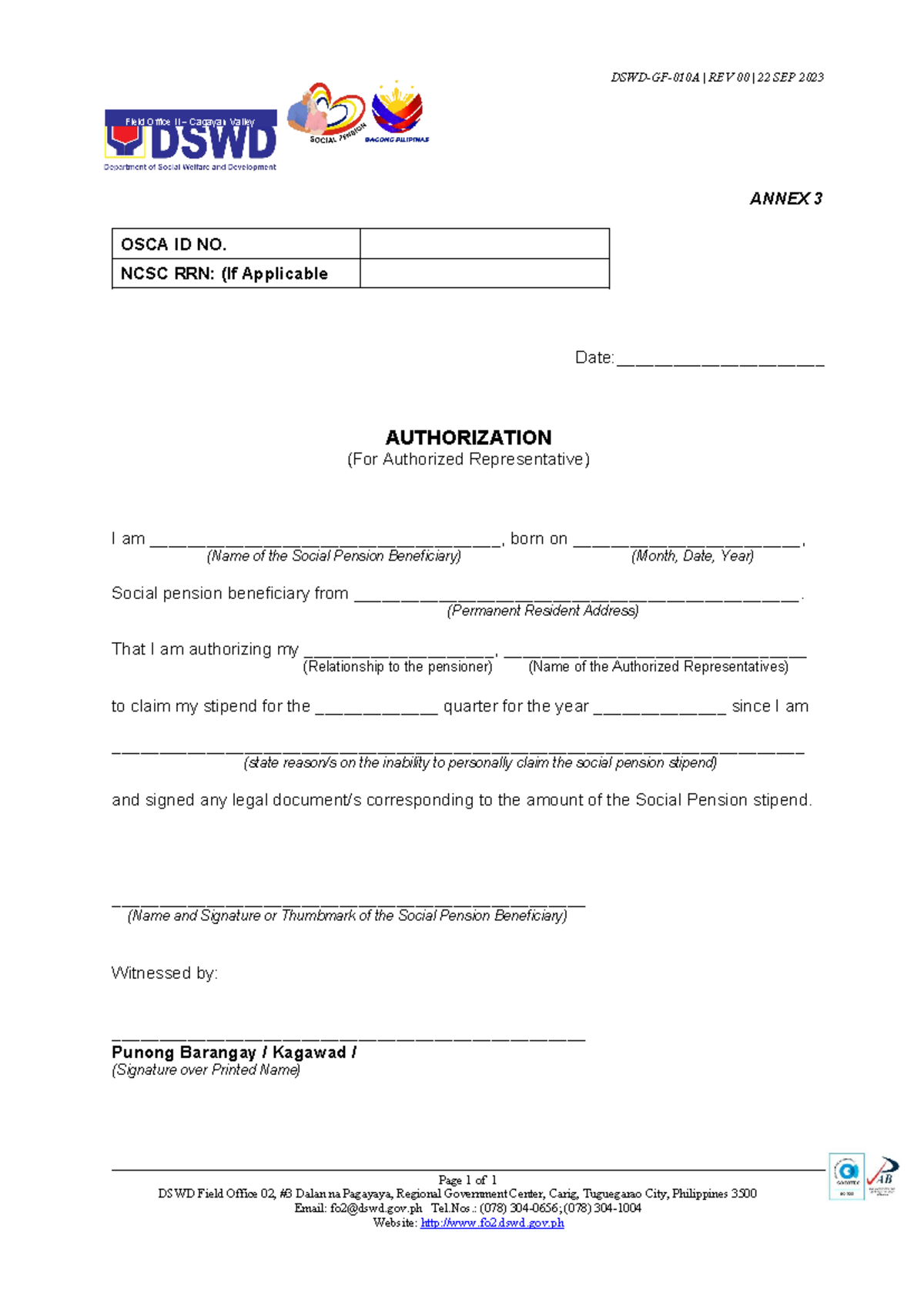 Authorization Form for Social Pensioners (DSWD-GF-010A) - Studocu
