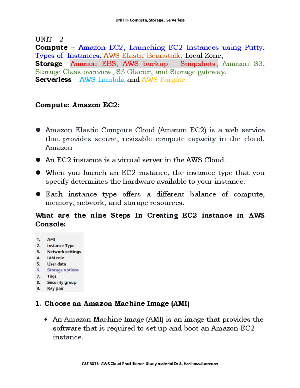 CSE3015 UNIT II Study Material: Compute, Storage & Serverless Overview ...