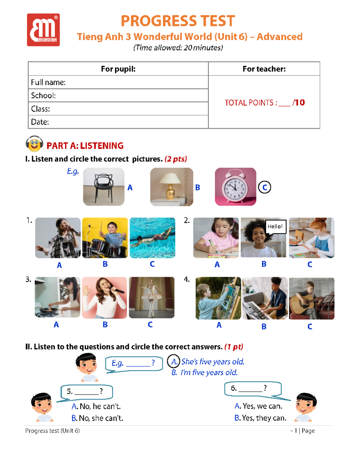 Grade 3 - Progress Test: Tieng Anh 3 Unit 6 (Advanced) - Studocu