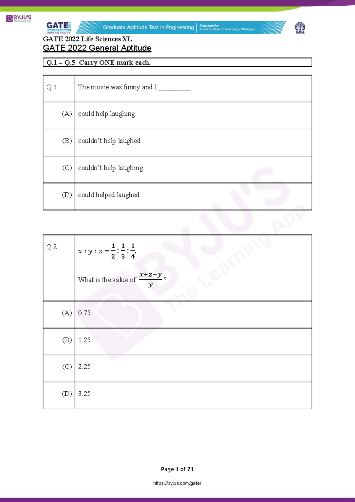 GATE 2022 Life Sciences XL Question Paper Analysis - Studocu