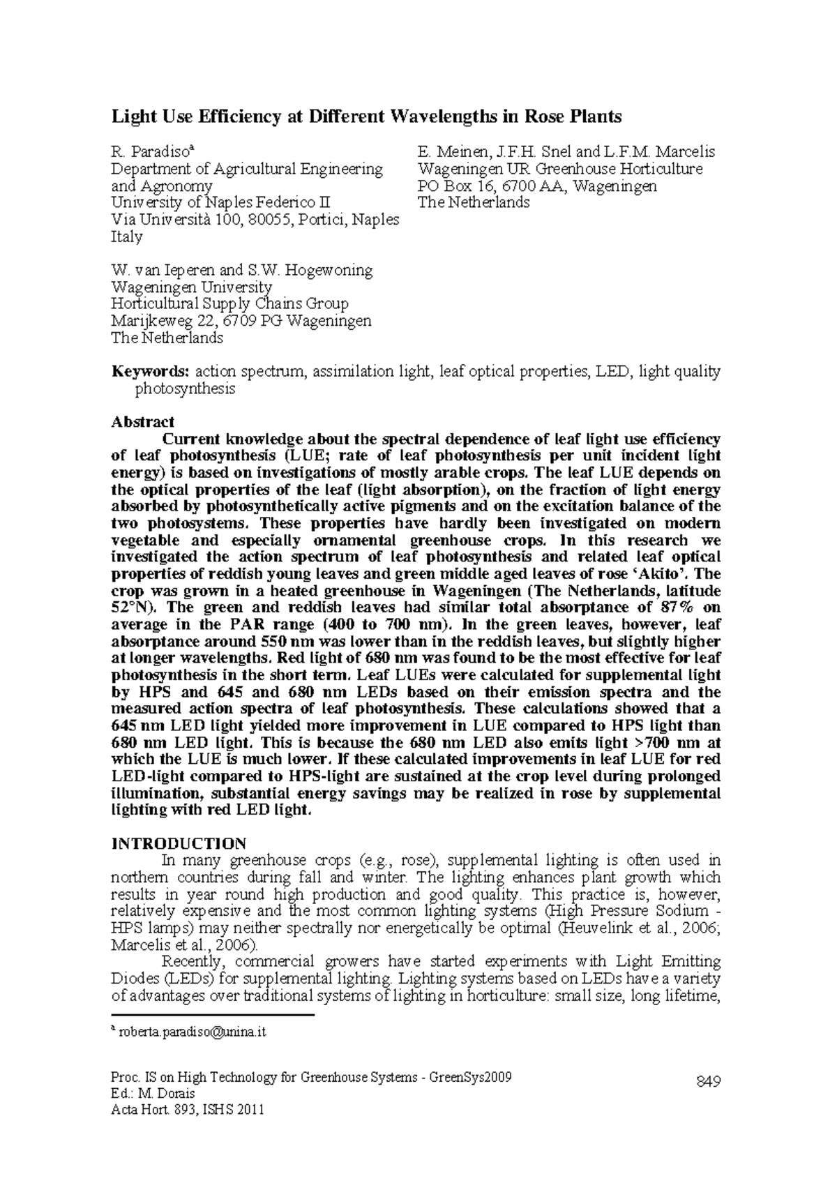 Light Use Efficiency of Rose Plants at Varying Wavelengths - Paradiso ...