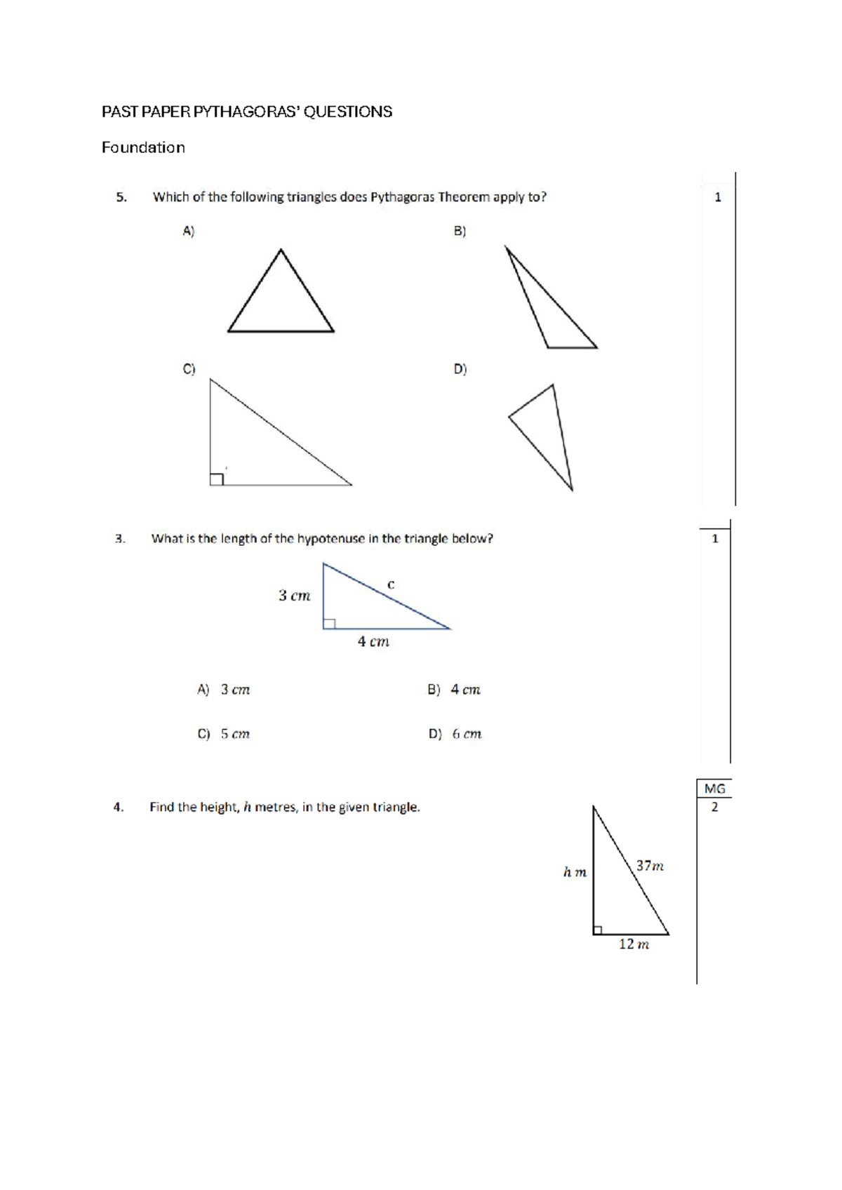 Pythagoras' Theorem Past Paper Questions - Foundation 5 - Studocu