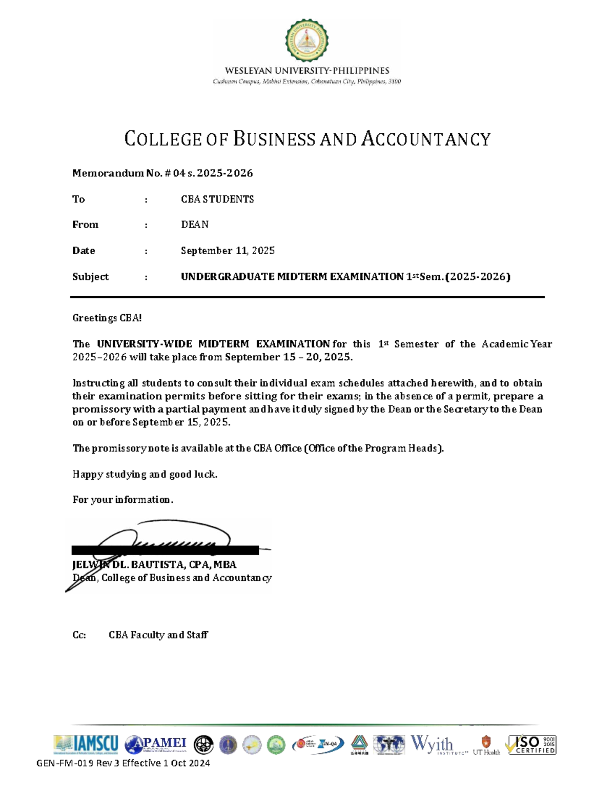 CBA Memorandum No. 04: Midterm Exam Schedule 1st Sem 2025 - Studocu
