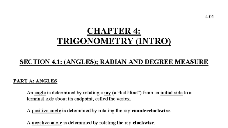 Chapter 4, part 1 - CHAPTER 4: TRIGONOMETRY (INTRO) SECTION 4: (ANGLES ...