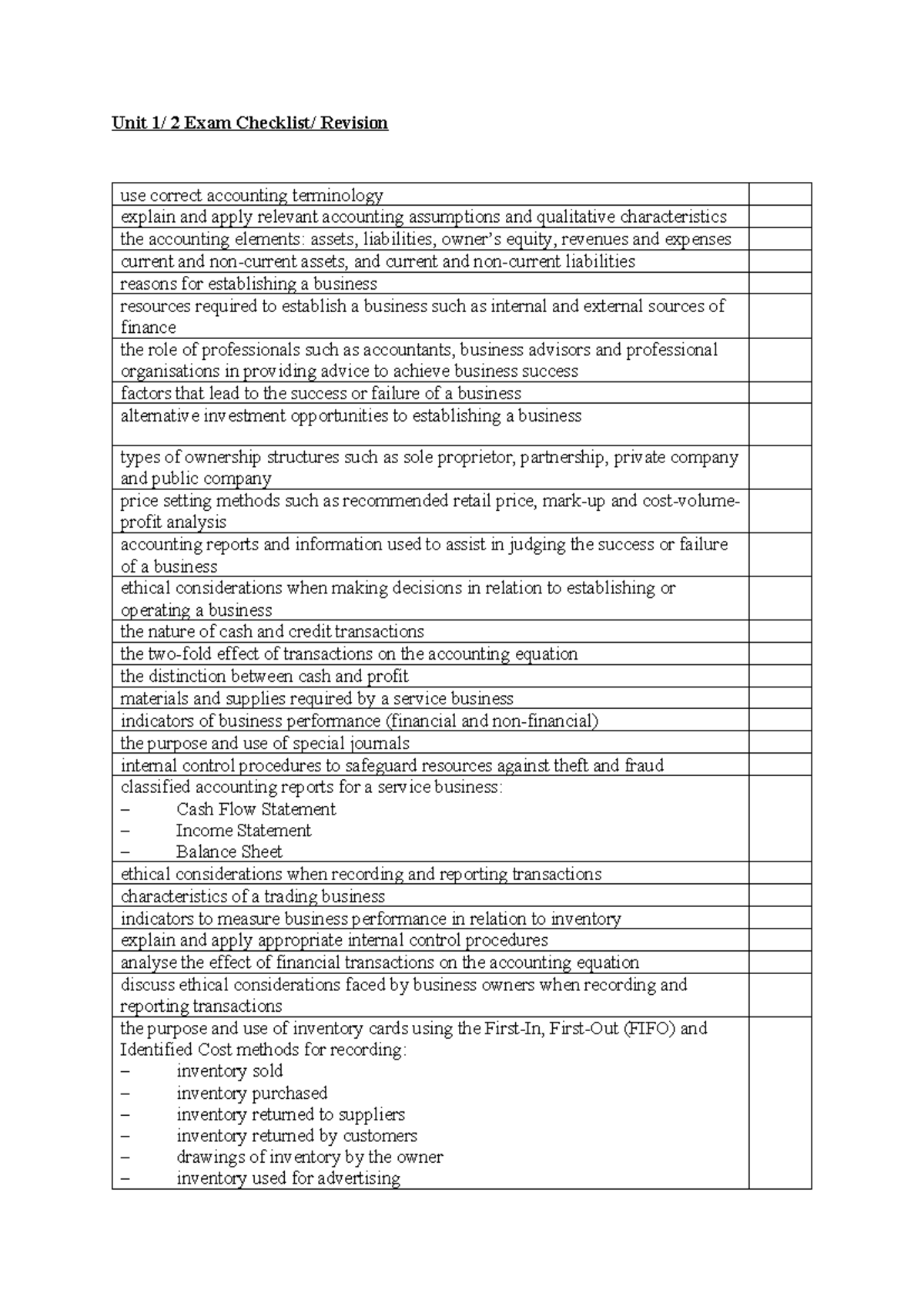 Unit 2 Exam Revision Checklist: Key Accounting Concepts and Practices ...