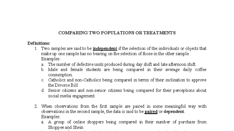 Comparing Two Populations or Treatments: Statistical Analysis Notes ...