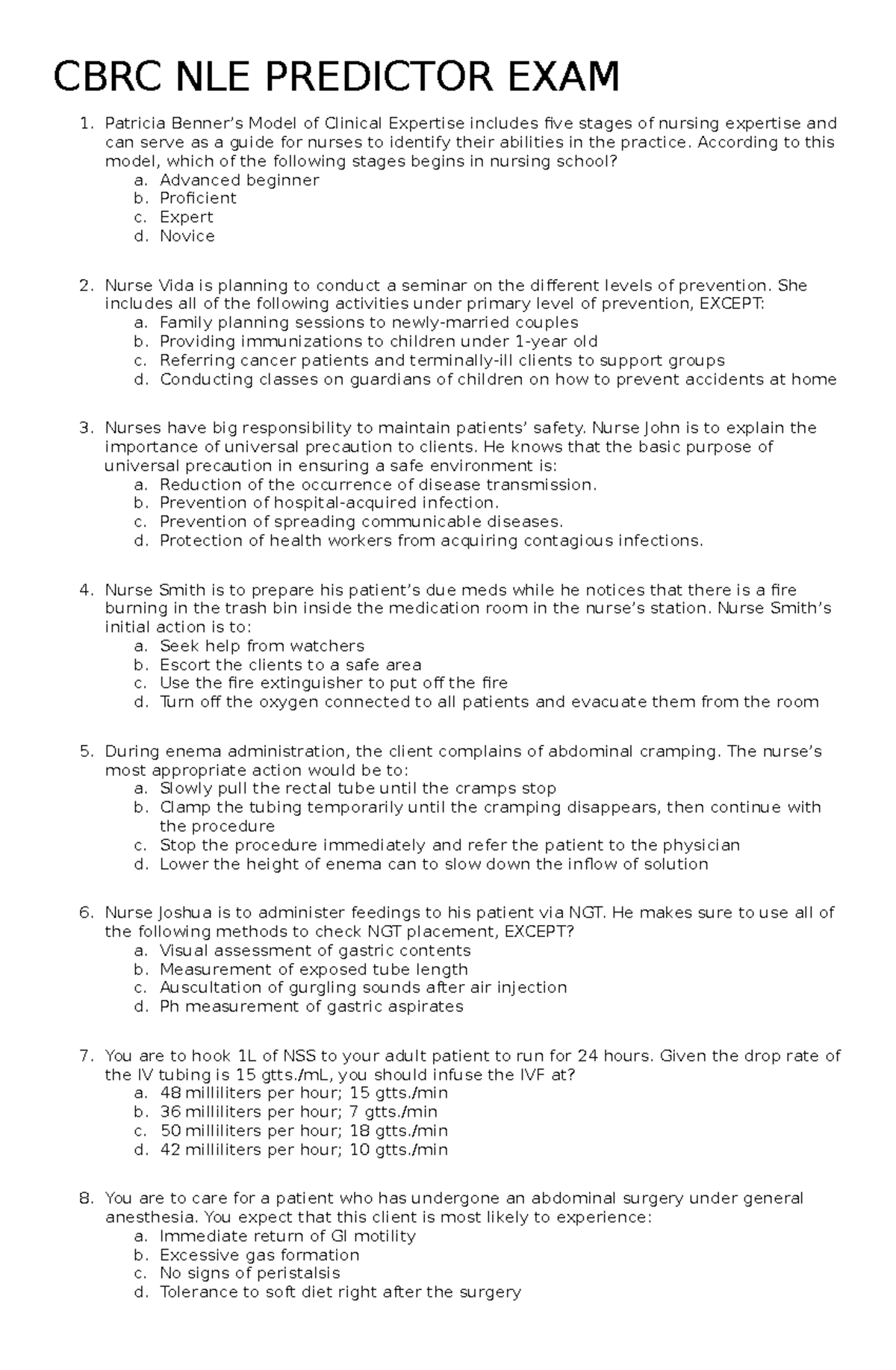 CBRC NLE Predictor Exam 1: Comprehensive Nursing Practice Review - Studocu