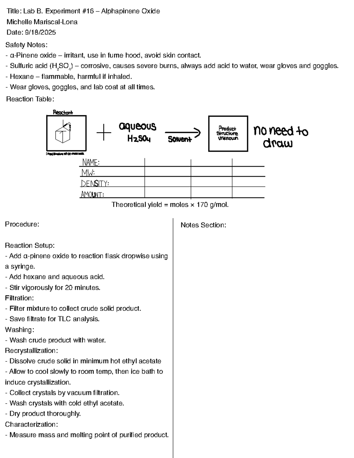 Lab 3B: Safety & Procedure Notes for Experiment Alphapinene Oxide - Studocu