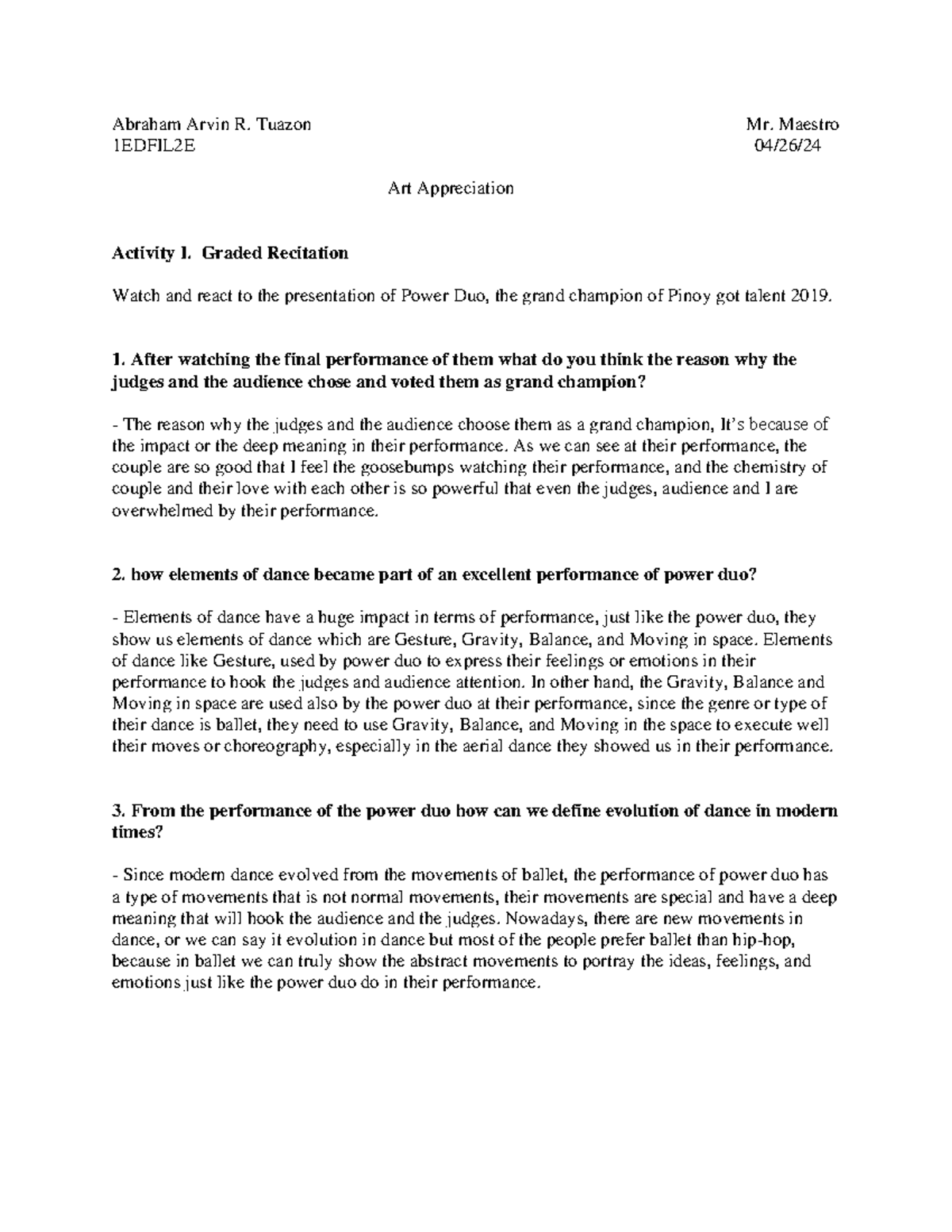 Tuazon ART Appreciation Dance Asynchronous Activity 1 AND 2 - Abraham Arvin R. Tuazon Mr ...