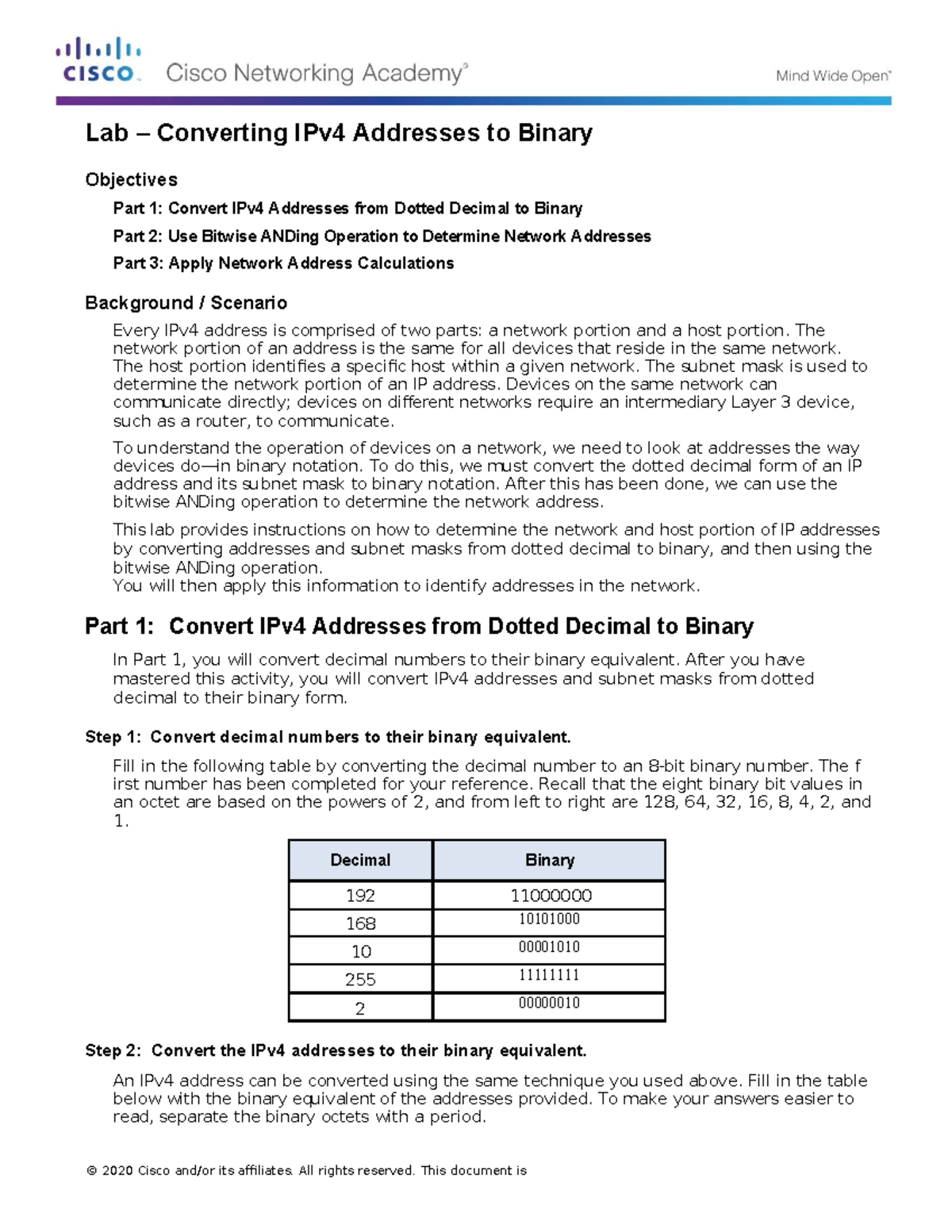 Lab 1: Converting IPv4 Addresses to Binary and Network Calculations ...