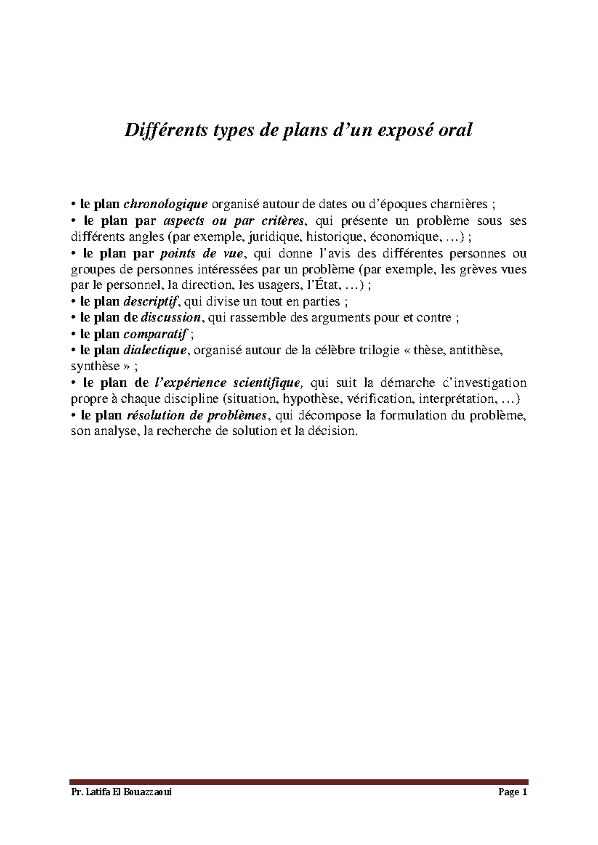 Plans d'exposé : Types et Méthodes pour Présentations Orales - Studocu