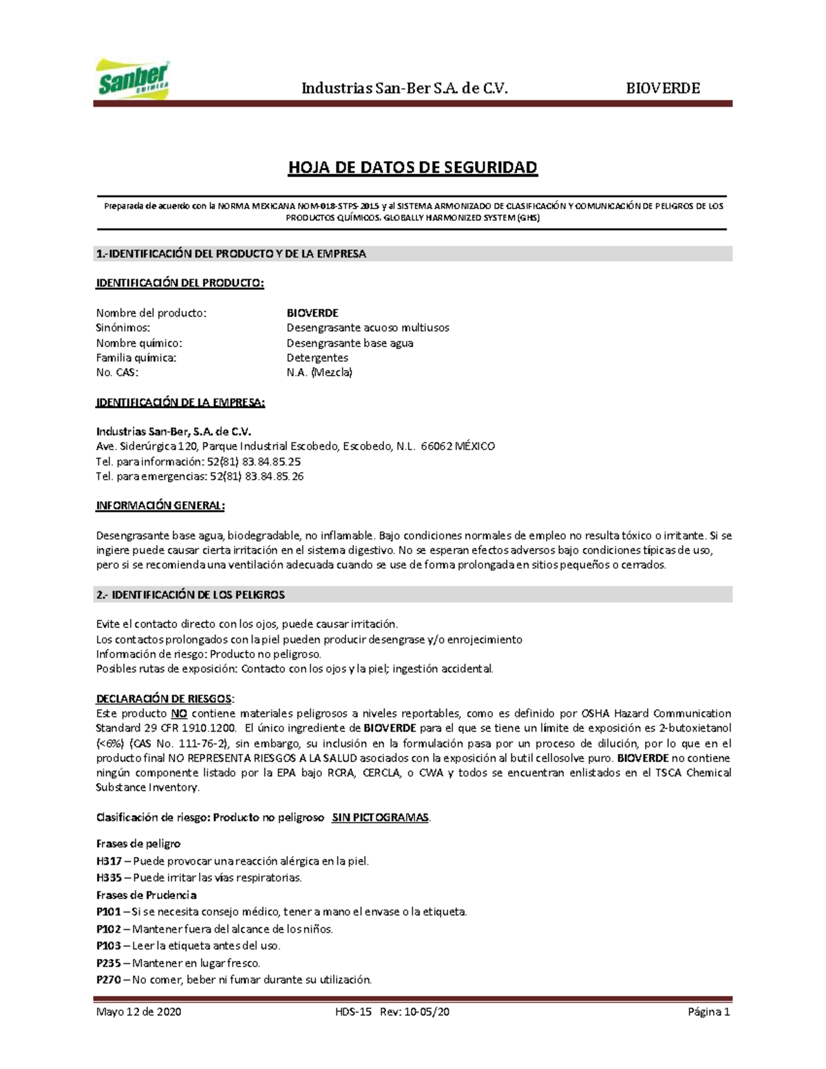 Hoja de Datos de Seguridad para BIOVERDE Desengrasante Acuoso - Studocu