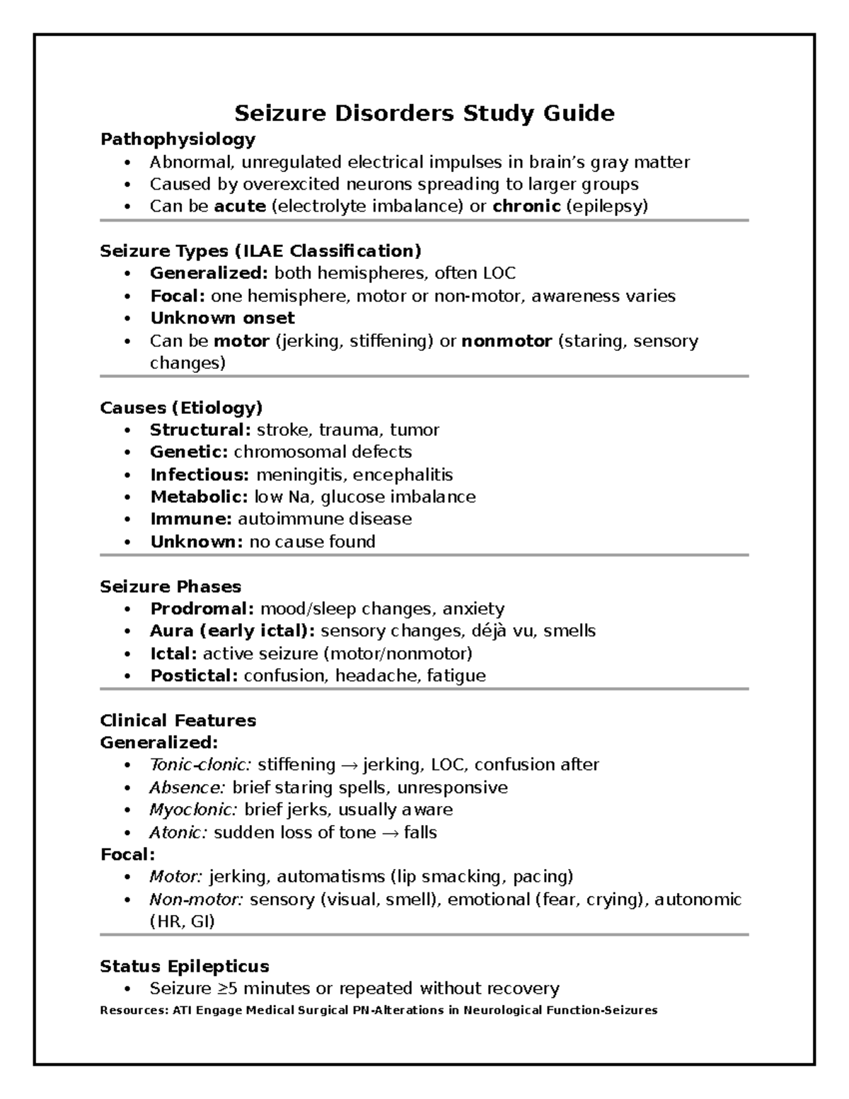 Seizure Disorders Study Guide (ATI Engage Med Surg PN) - Studocu