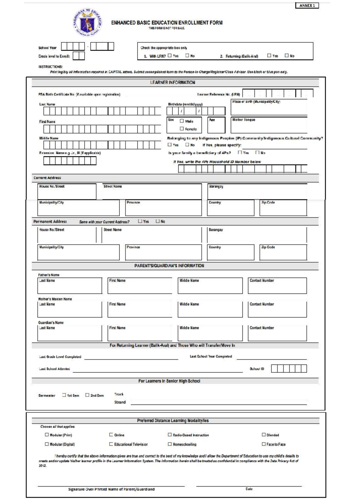 Annex 1: Enhanced Basic Education Enrollment Form (BEEF) - Studocu