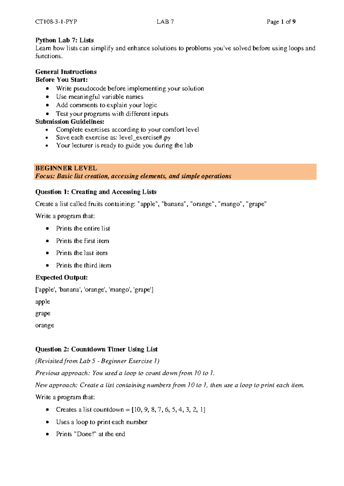 Python LAB 7: Exploring Lists through Exercises and Solutions - Studocu