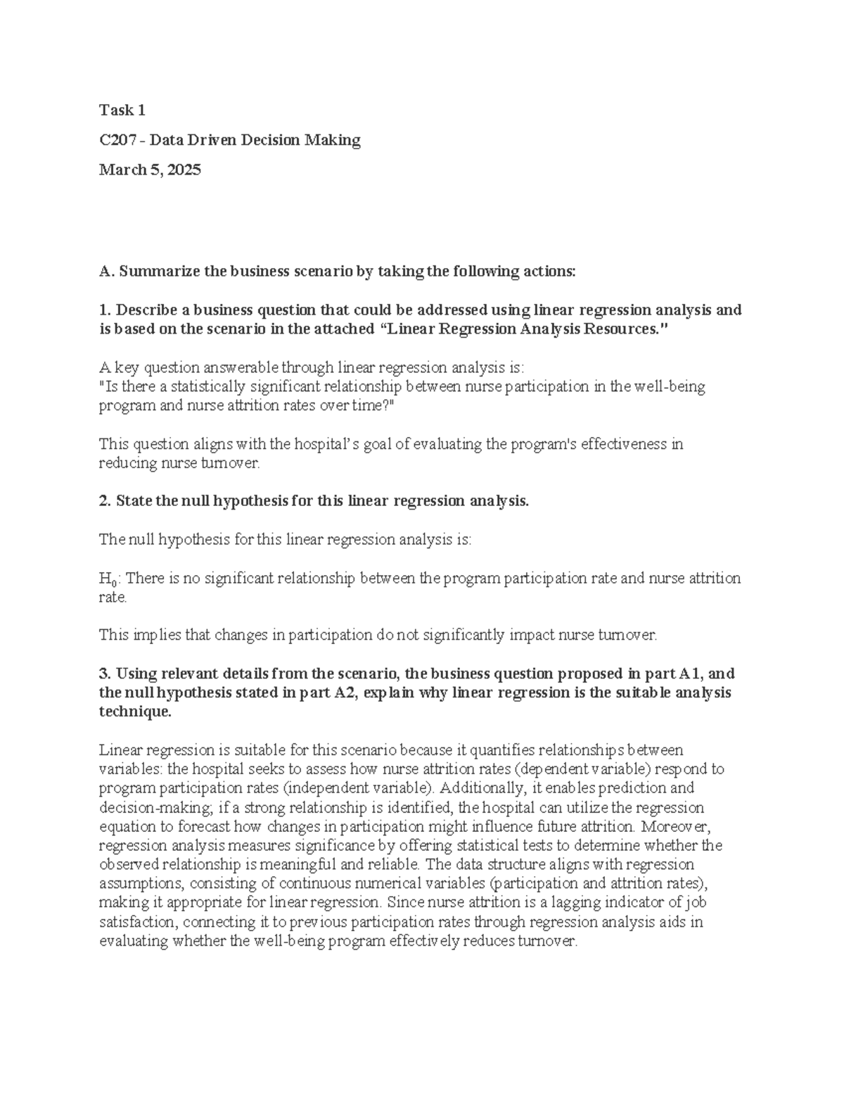 C207 Task 1: Linear Regression Analysis on Nurse Attrition Rates - Studocu