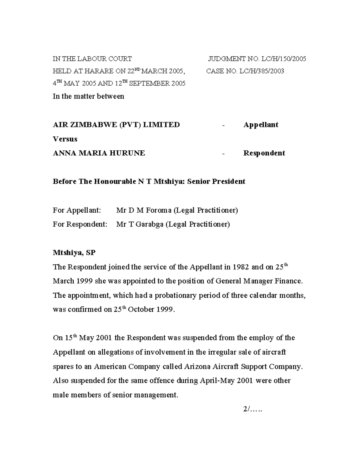 Labour Court Case Study: AIR Zimbabwe vs. Anna Maria Hurune - Studocu