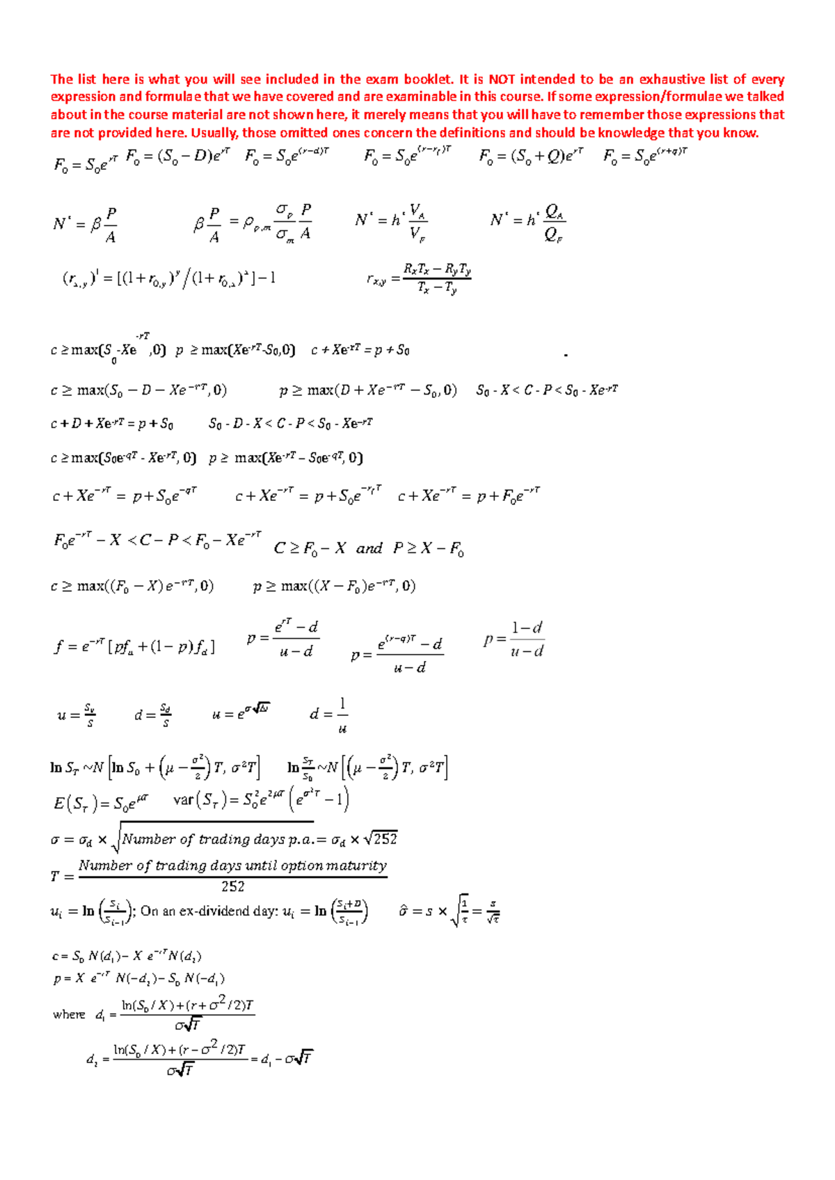 Basic-Formula-Sheet - Summary Derivatives - The list here is what you ...