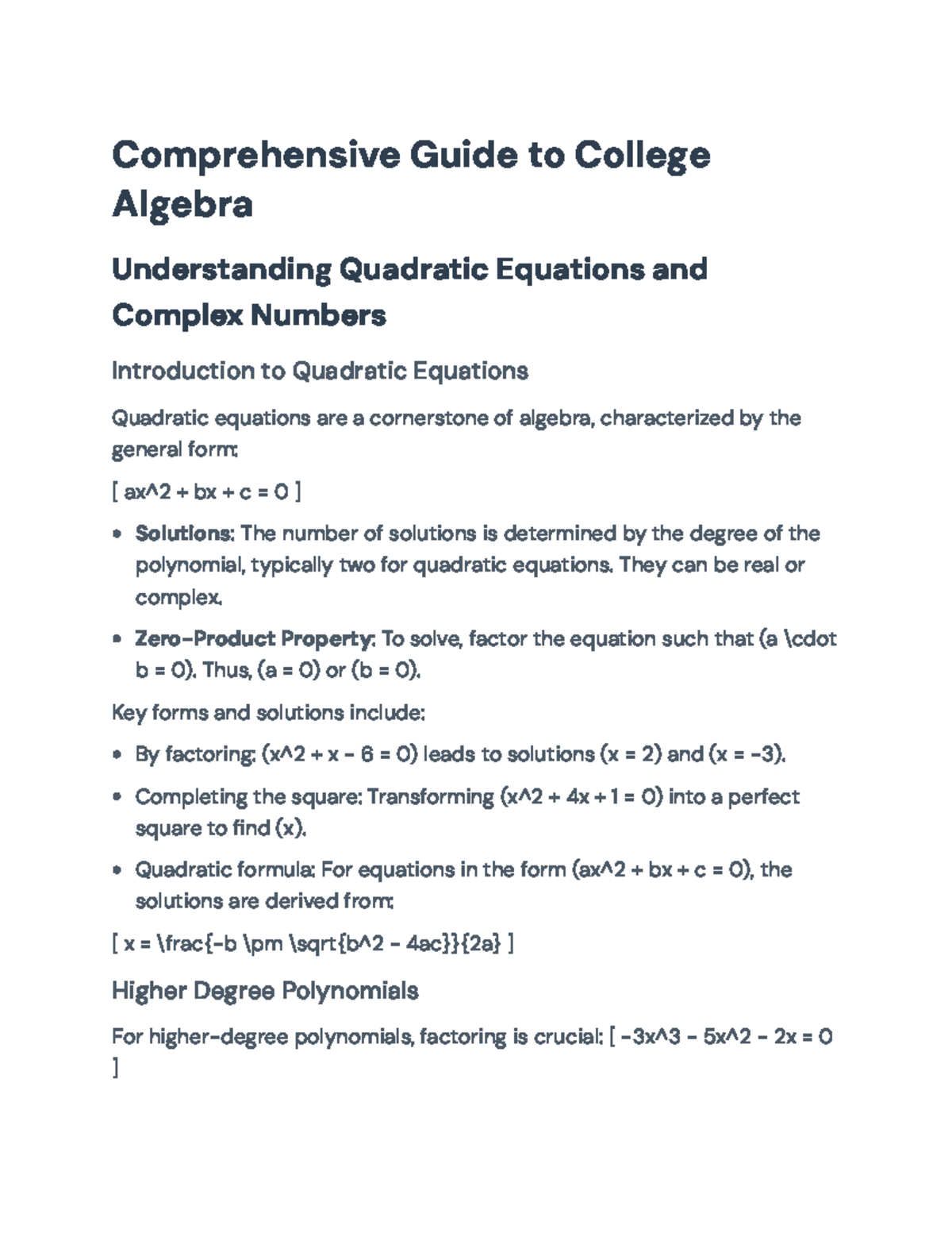 Comprehensive Guide to College Algebra: Quadratics & Complex Numbers ...