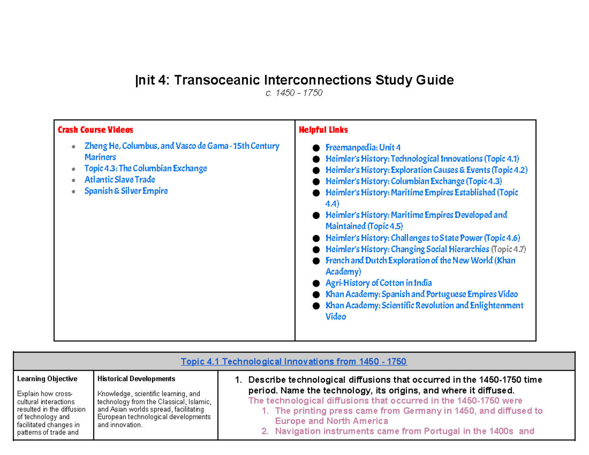 Jocelyn Ruiz - AP World History Unit 4 Study Guide (1450-1750) - Studocu