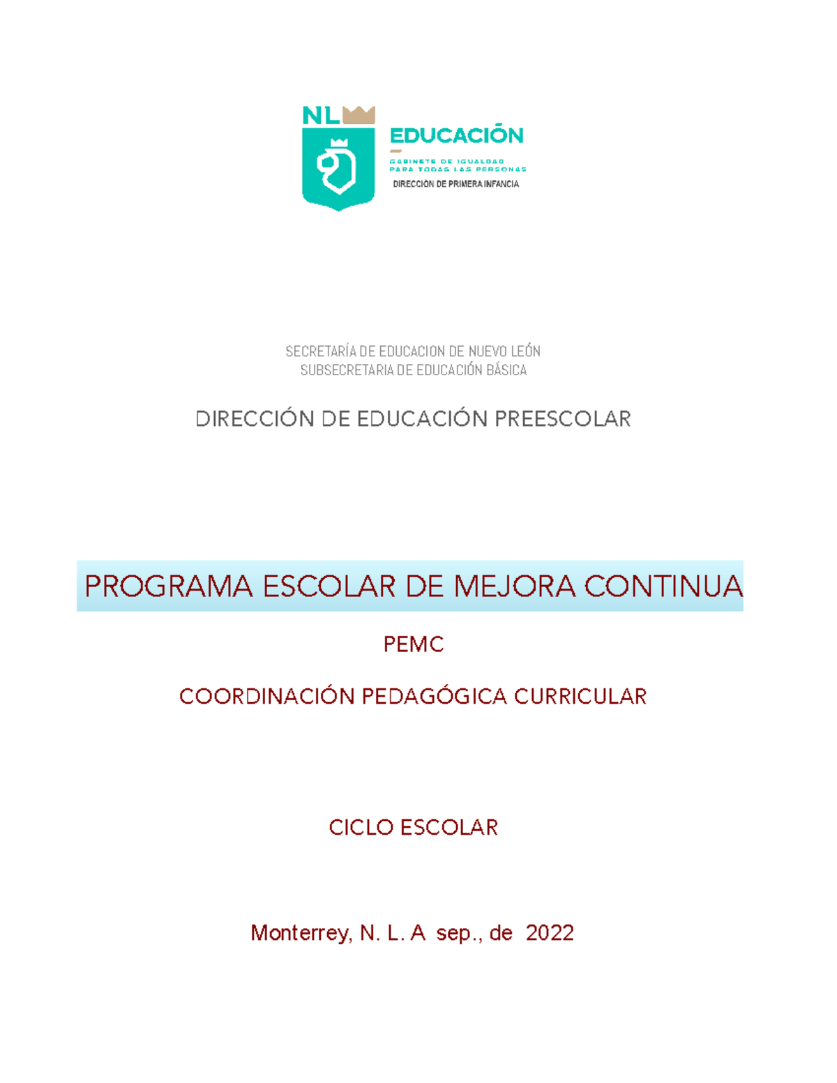 PEMC 2022: Plan Escolar de Mejora para Educación Preescolar - Studocu
