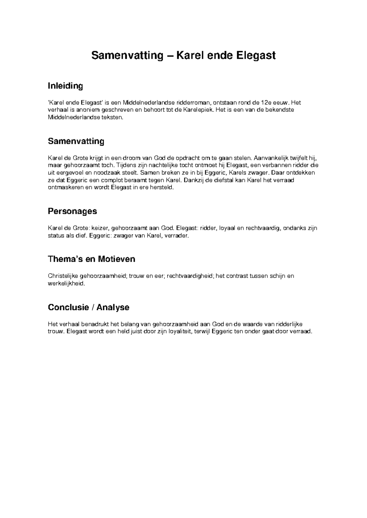 Samenvatting Karel ende Elegast: Een Middelnederlandse Ridderroman - Studeersnel