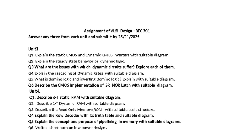 VLSI Design Assignment 701: Units 3, 4 & 5 Overview - Studocu