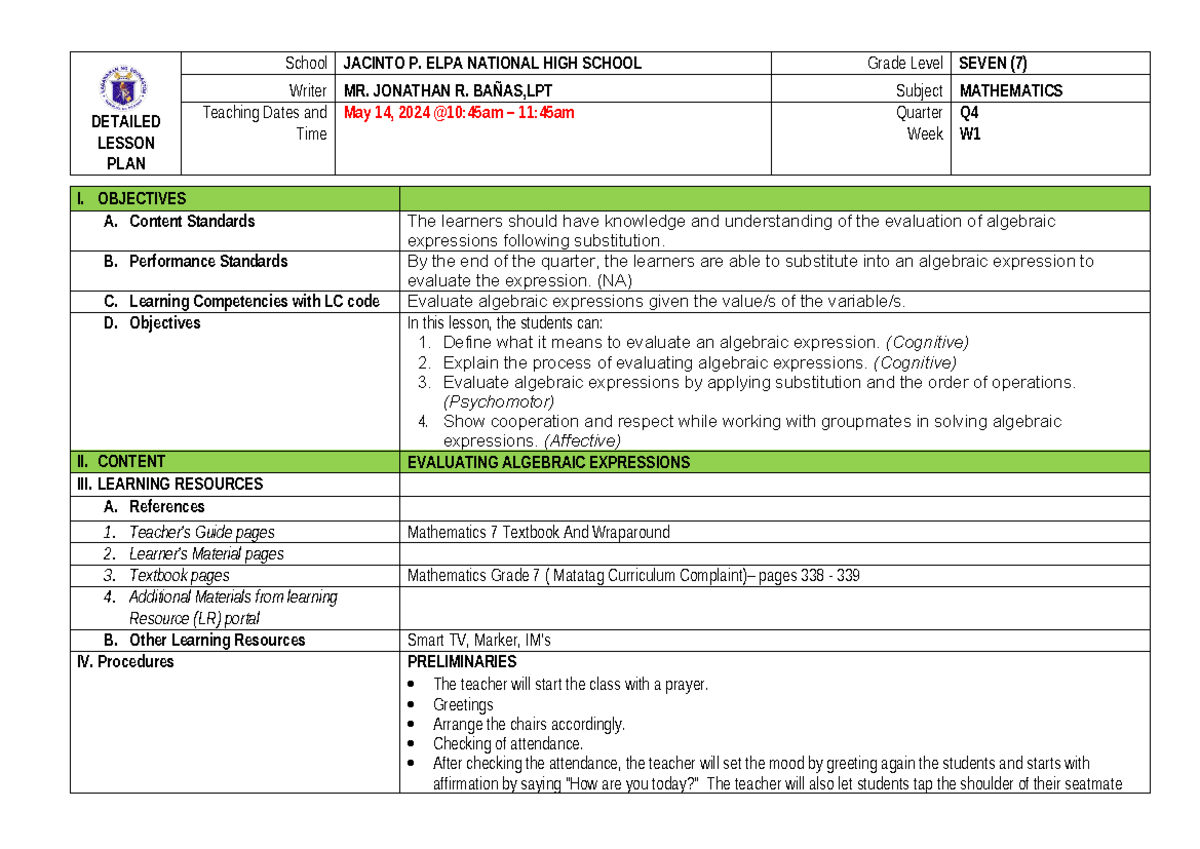Detailed lesson plan in Probability - DETAILED LESSON PLAN School ...