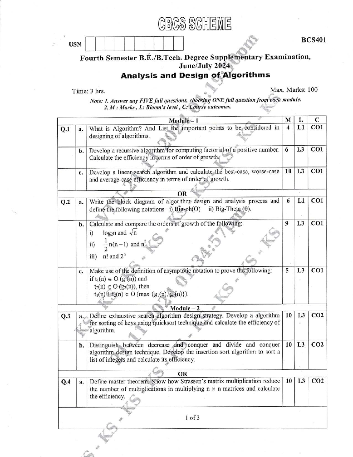BCS401 Supplementary Exam: Analysis & Design of Algorithms - 4th Sem ...