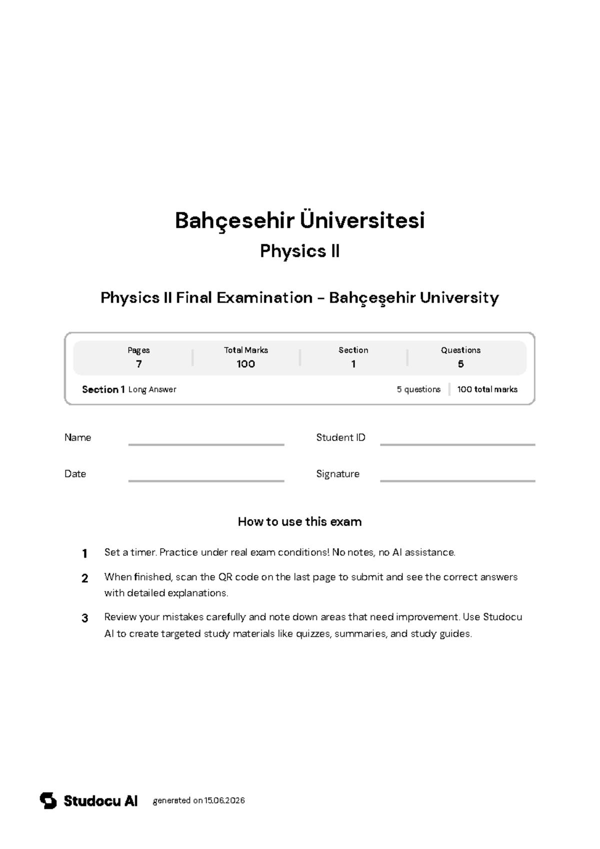Physics II Final Exam - Bahçeşehir University - Studocu