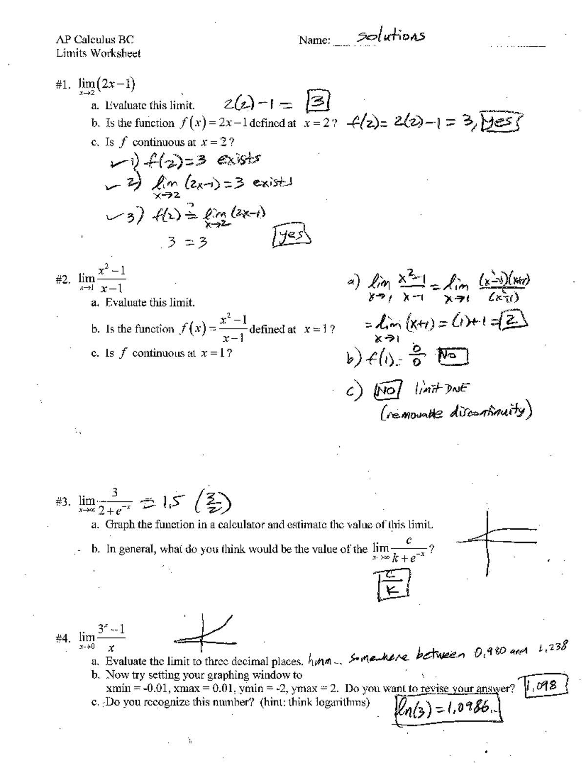 AP Calculus BC Limits Worksheet Solutions - Studocu