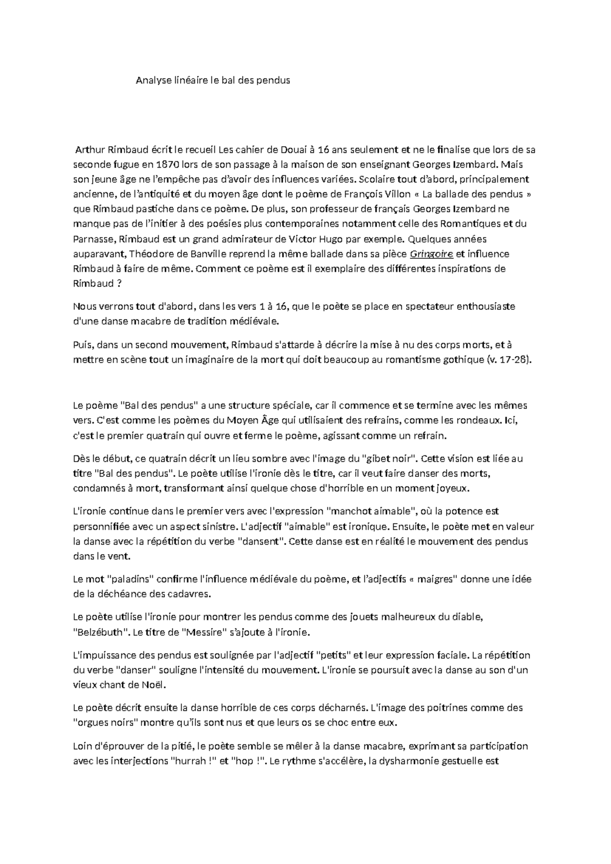 Analyse linéaire du poème "Bal des pendus" de Rimbaud - Studocu
