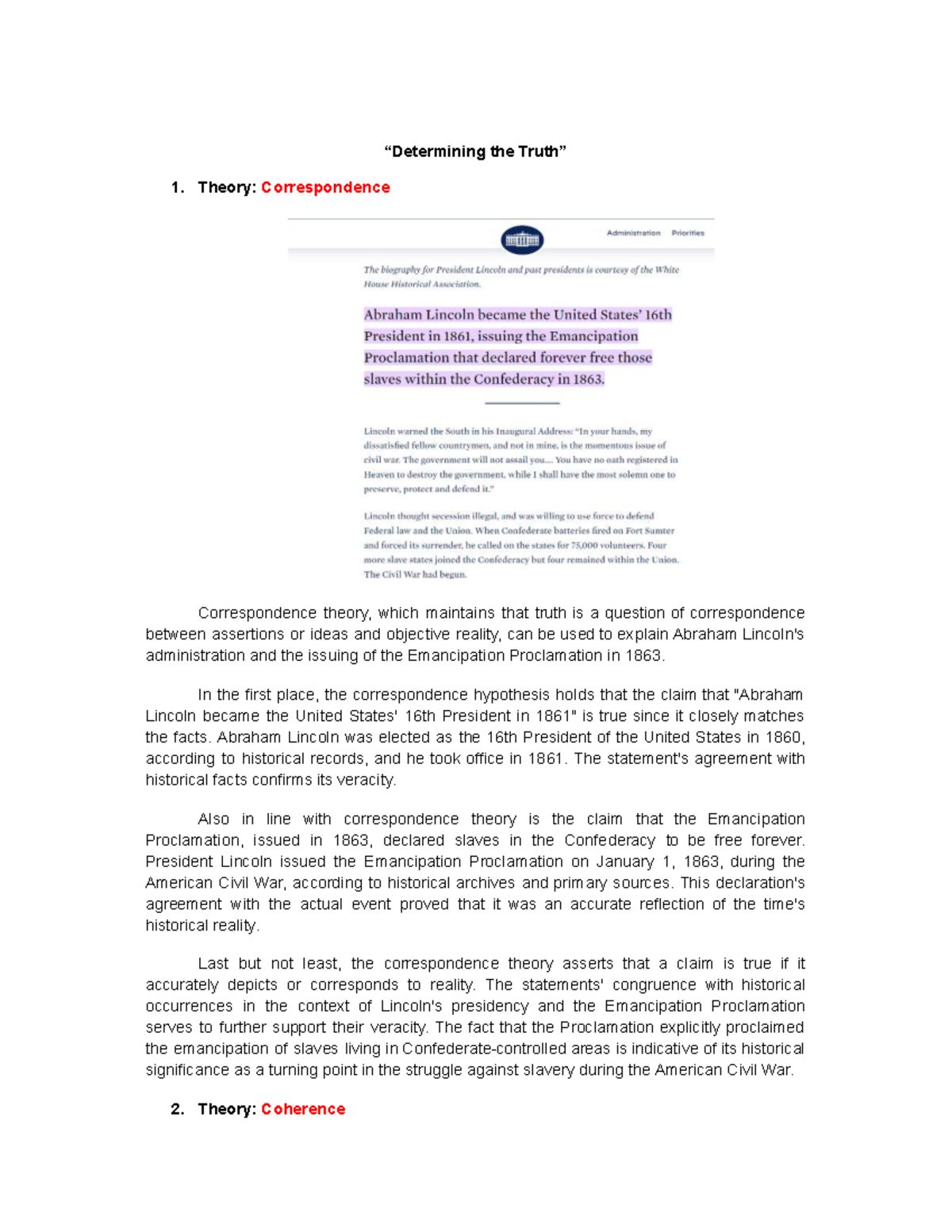 Philosophy-%20Theories%20of%20Determining%20the%20Truth - “Determining the Truth” Theory: - Studocu