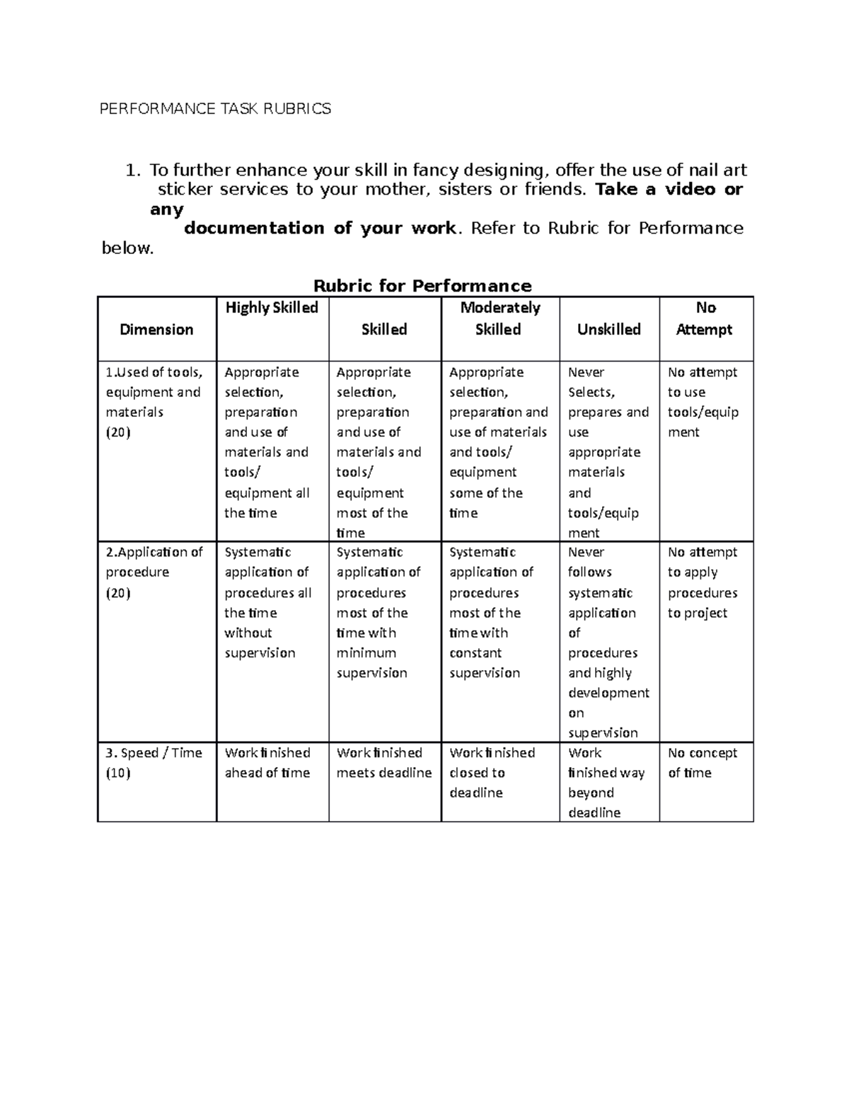 Performance TASK Rubrics - PERFORMANCE TASK RUBRICS 1. To further ...