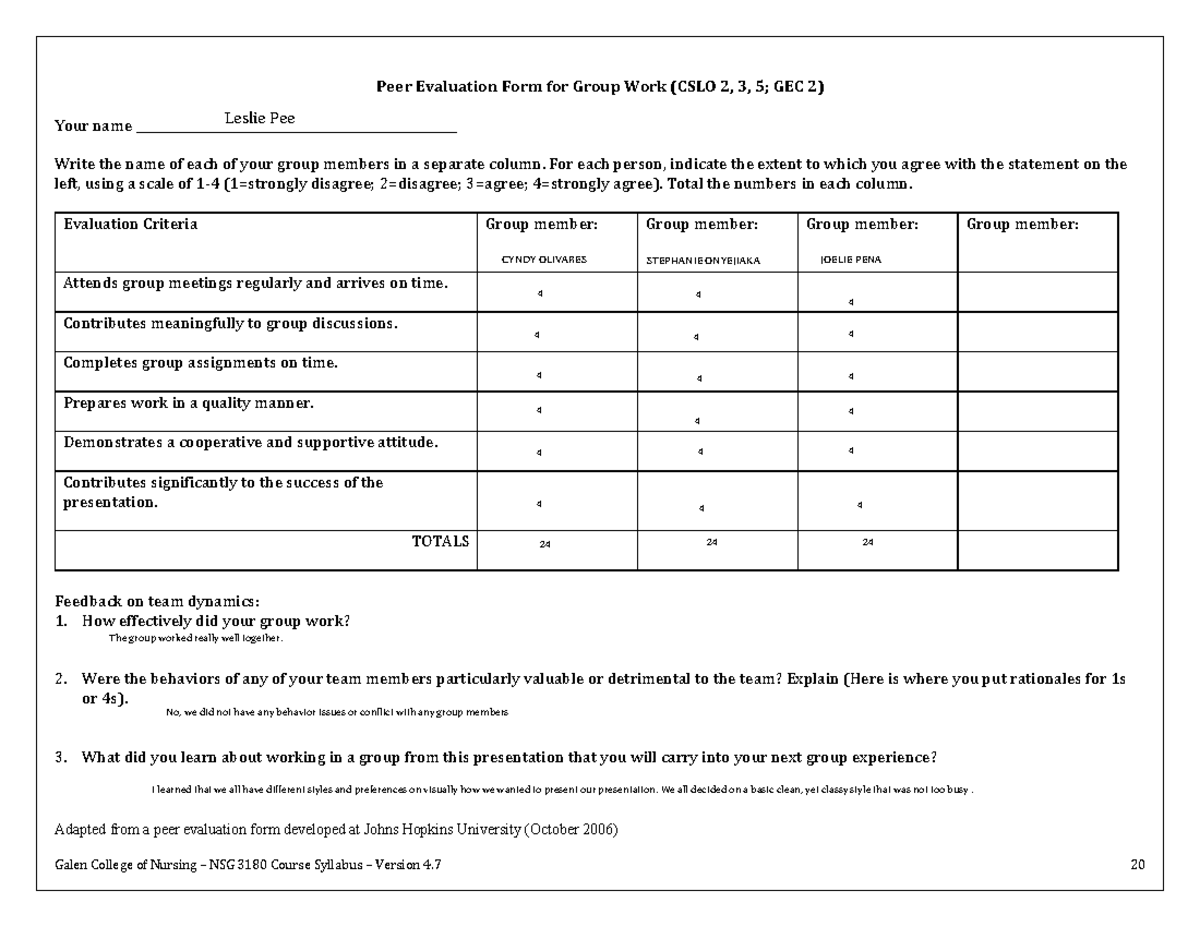 Peer Evaluation Form for Group Work (CSLO 2, 3, GEC 2) - Studocu