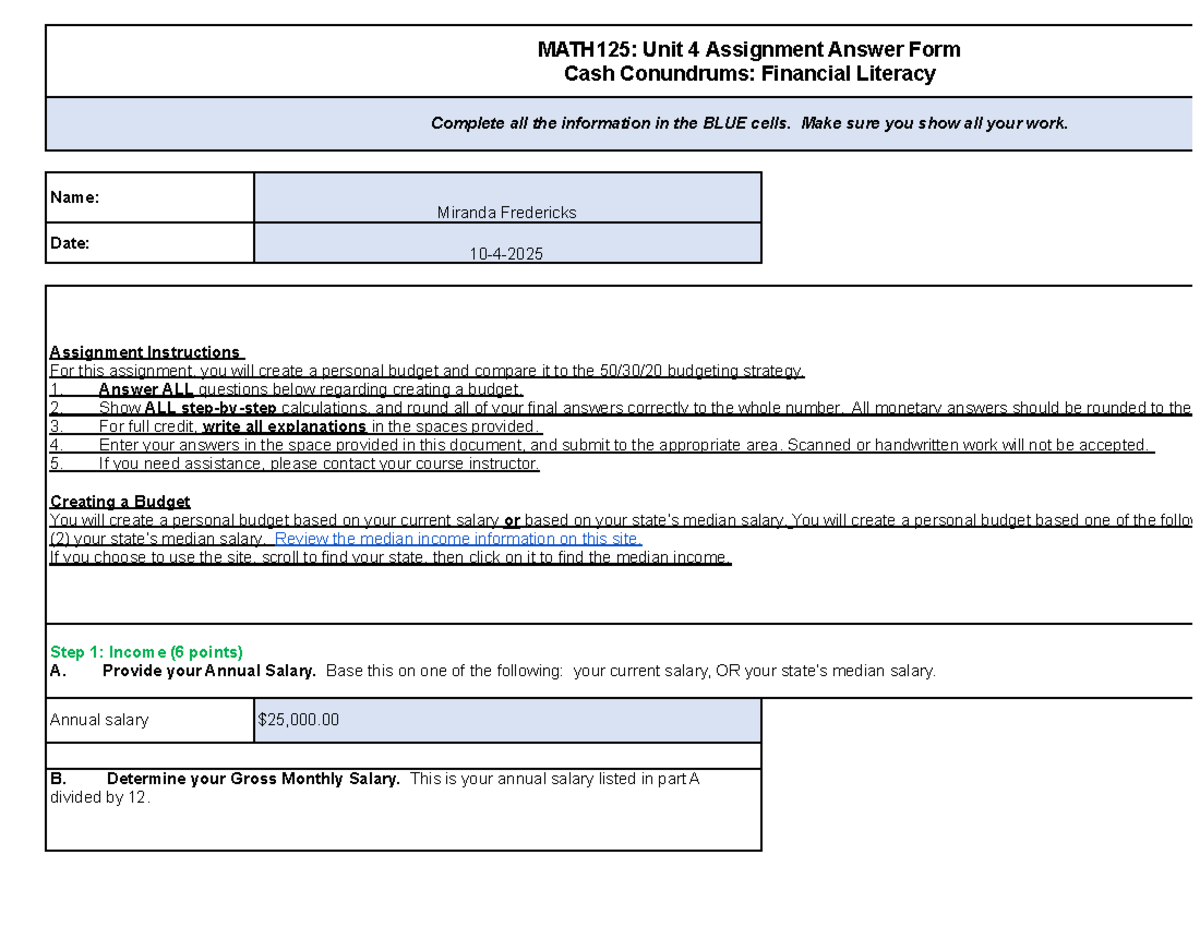 MATH125: Unit 4 Assignment - Cash Conundrums in Financial Literacy ...