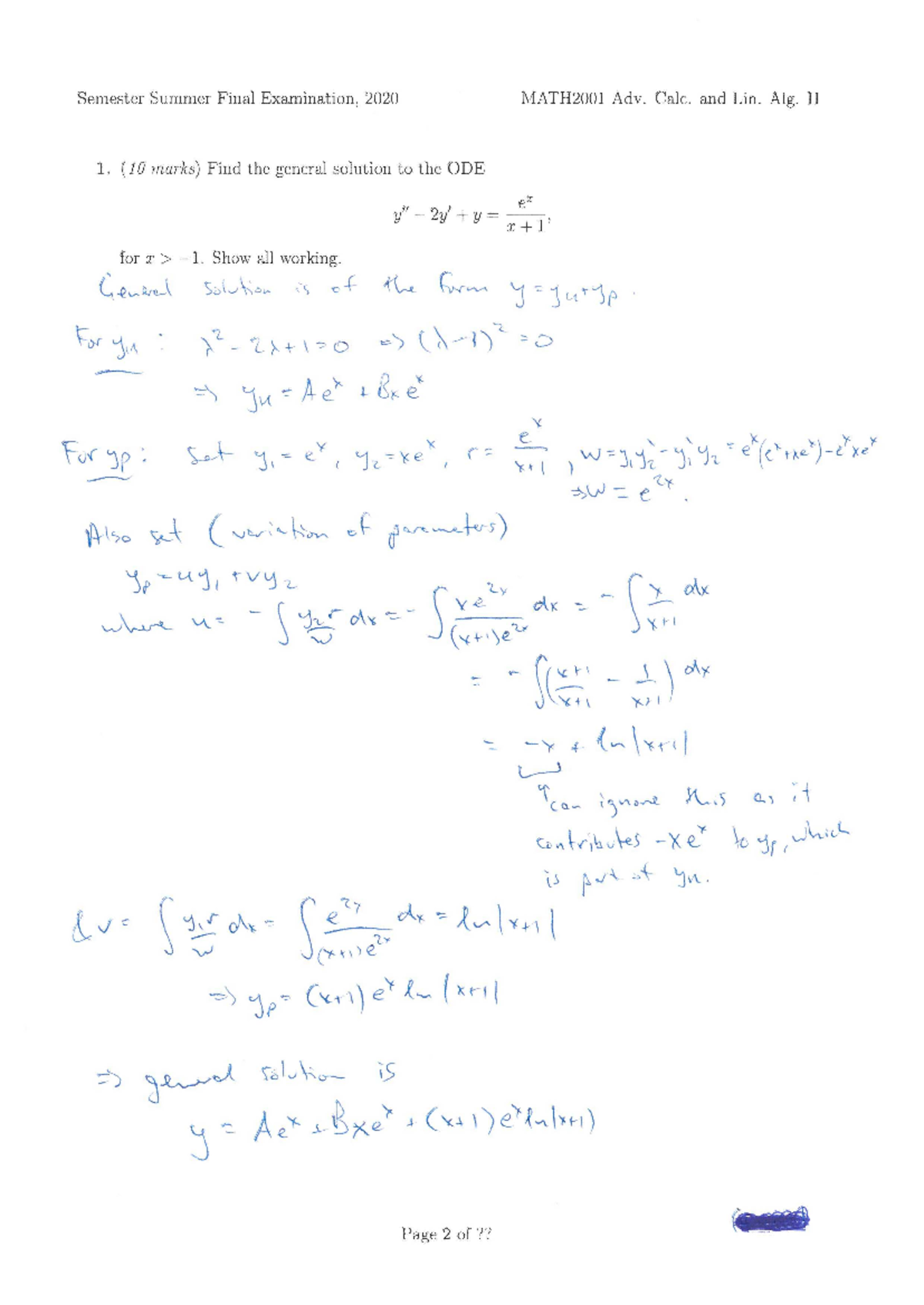 Semester Summer Final Examinations 2020 MATH2001 Solutions - Semester ...