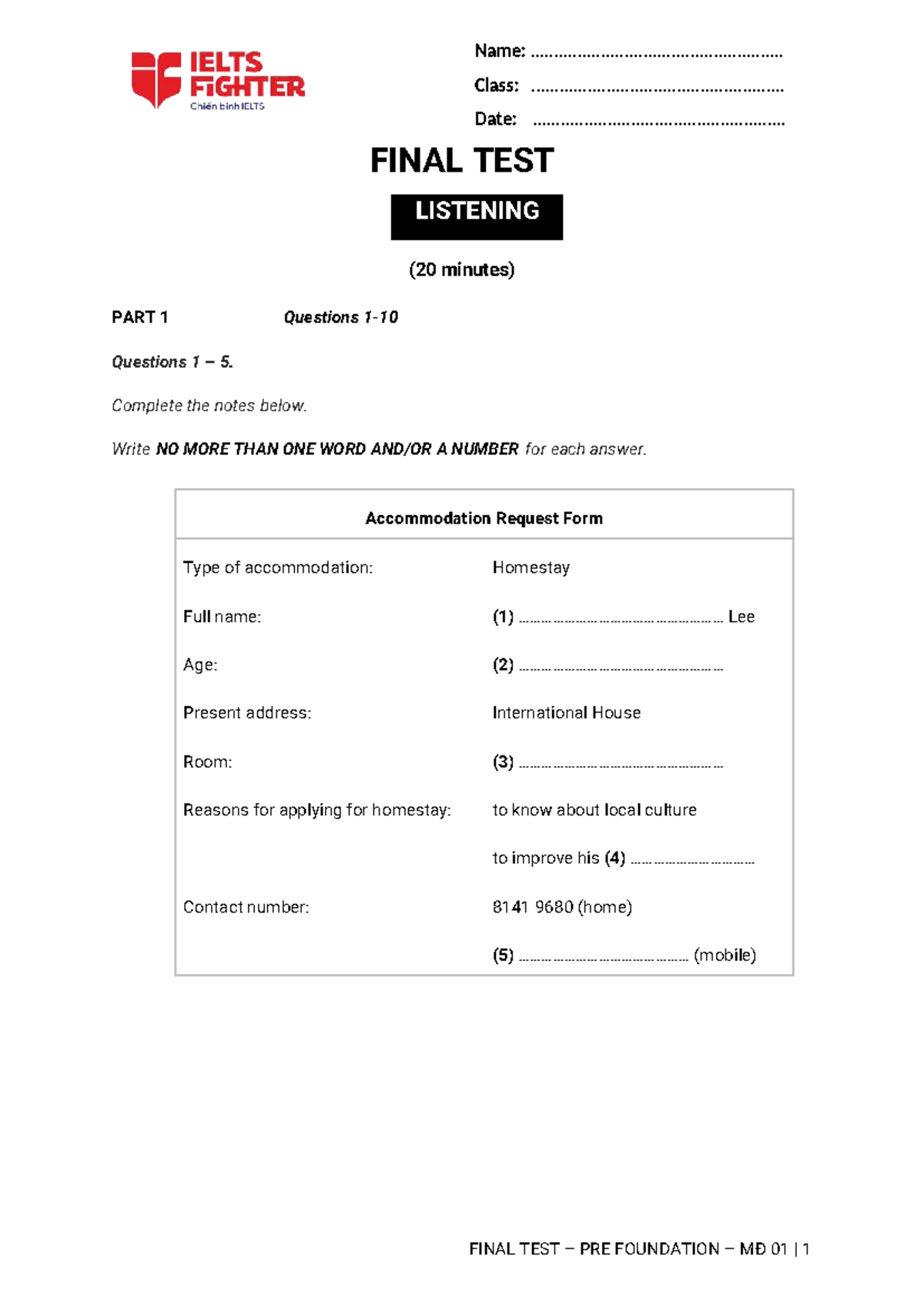 FINAL TEST PRE FOUNDATION MĐ 01 - Listening & Reading Practice (ENGLISH ...