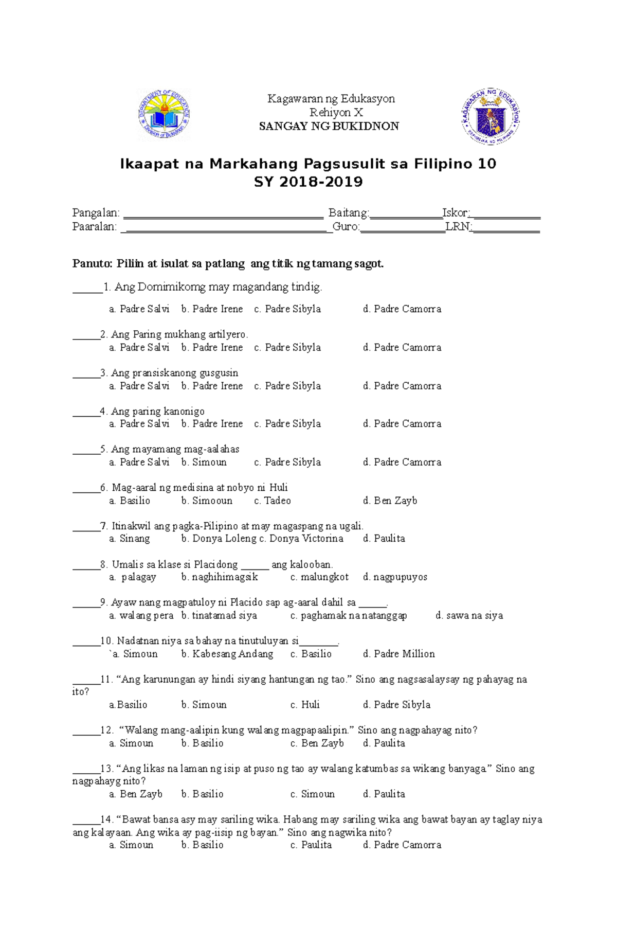 4th Quarter Filipino Grade 10 School Year 2021-2022 - Ikaapat na ...