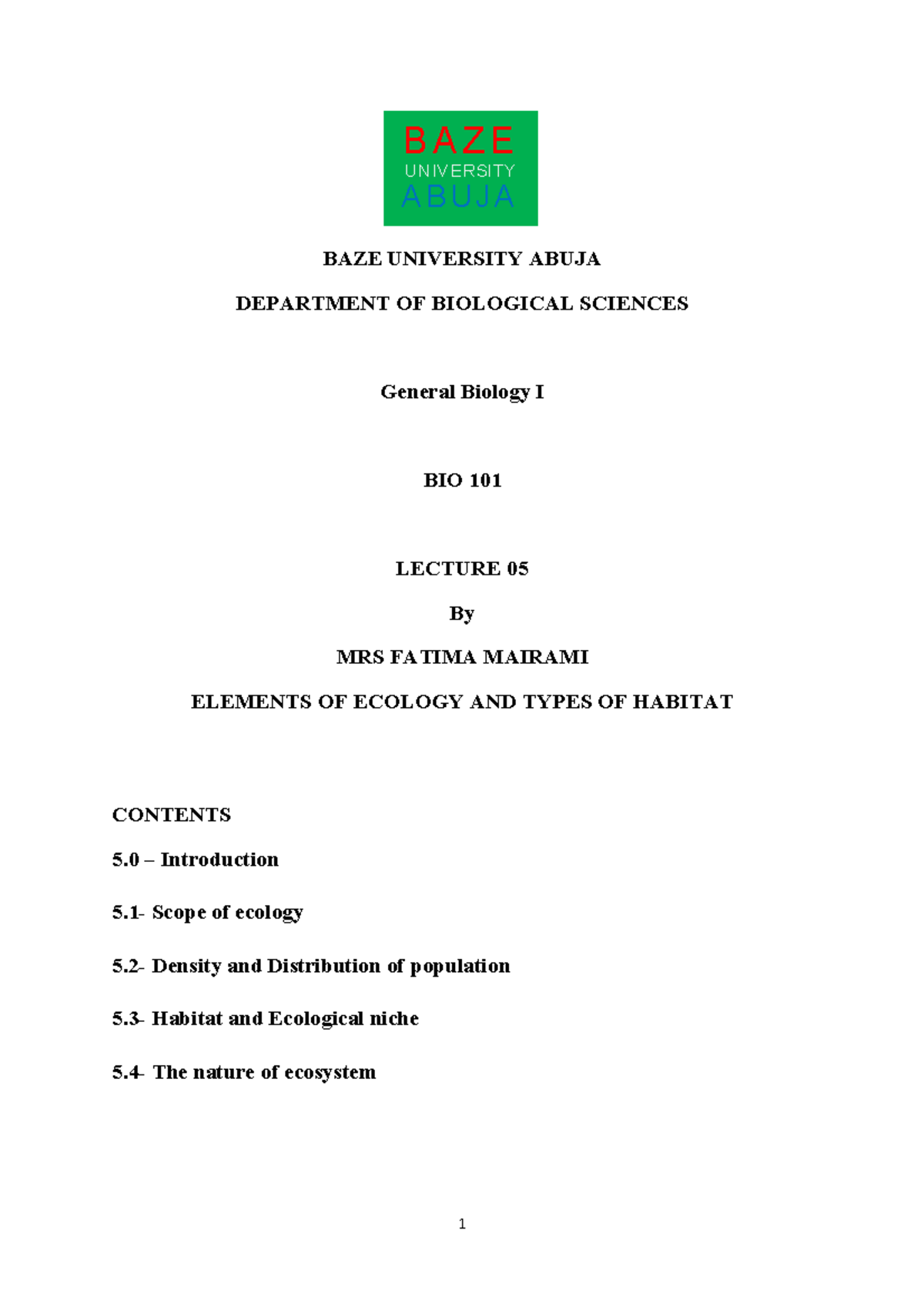 GB1 BIO 101 L05 - Elements of Ecology & Habitat Types Lecture Notes ...