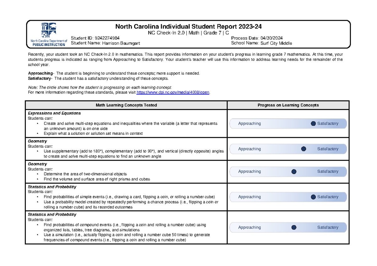 NC Check-In 2 Math Report for Grade 7 - Student ID: 9242274984 - Studocu