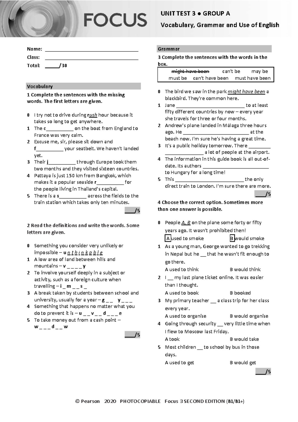 Focus 3 2E Unit Test 3 Group A: Vocabulary & Grammar Review - Studocu
