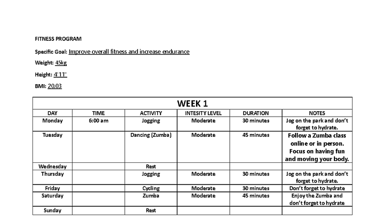 Fitness Program - FITNESS PROGRAM Specific Goal: Improve overall ...